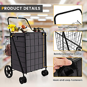 S AFSTAR Shopping Cart with Oxford Liner Bag, 27 Gal Folding Grocery Cart on Wheels, Double Basket, 330 LBS Weight Capacity, Portable Granny Cart Shopping Cart for Market Laundry (Black)