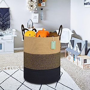 BOSROTY Nursery Hamper, Large Blanket Basket, Tall Laundry Basket 65L, Laundry Hamper, Clothes Basket Laundry, Large Storage Basket, Cotton Rope Basket, Toy Basket, 16”x 20”, Brown & Black