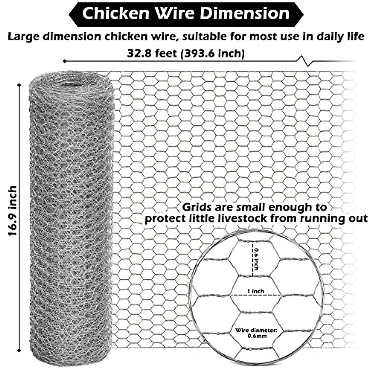 Chicken Wire Fencing Mesh 16.9 inch X 32.8 Ft, 0.6 Inch Hexagonal Galvanized Floral Chicken Wire Fence for Crafts Garden Poultry, Metal Hardware Cloth Netting for Chicken Coops Rabbit Rodent Cage