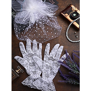 4 Pcs 50s Fascinators Hat for Women Tea Party with Short Lace Gloves Pearl Necklace Earrings for Wedding Halloween Funeral(White)