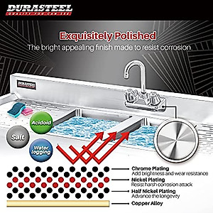 Kitchen Sink Faucet Wall Mount - DuraSteel 4" Center Commercial Kitchen Sink Faucet with 3-1/2" Gooseneck Spout - Dual Knob Handles - Brass Constructed & Chrome Polished