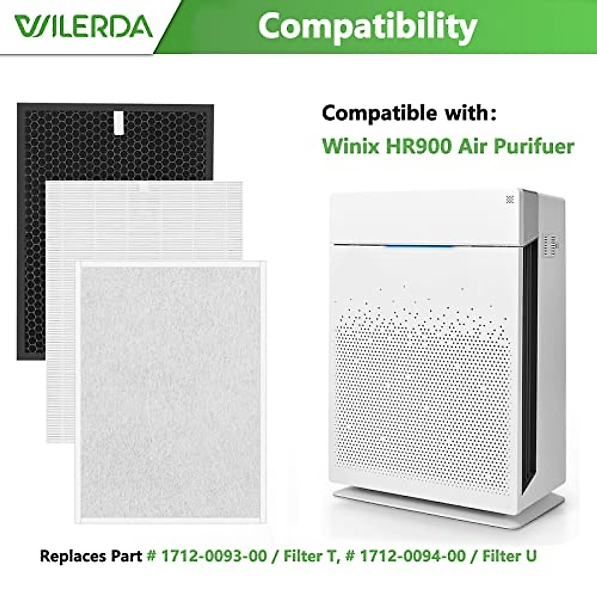 HR900 Replacement Filter Kit Compatible with Winix HR900, 3-in-1 H13 True HEPA Filter & Carbon Filter & Pre-filter, Replaces Part # 1712-0093-00 / Filter T and 1712-0094-00 / Filter U(1+1+6 Pack)