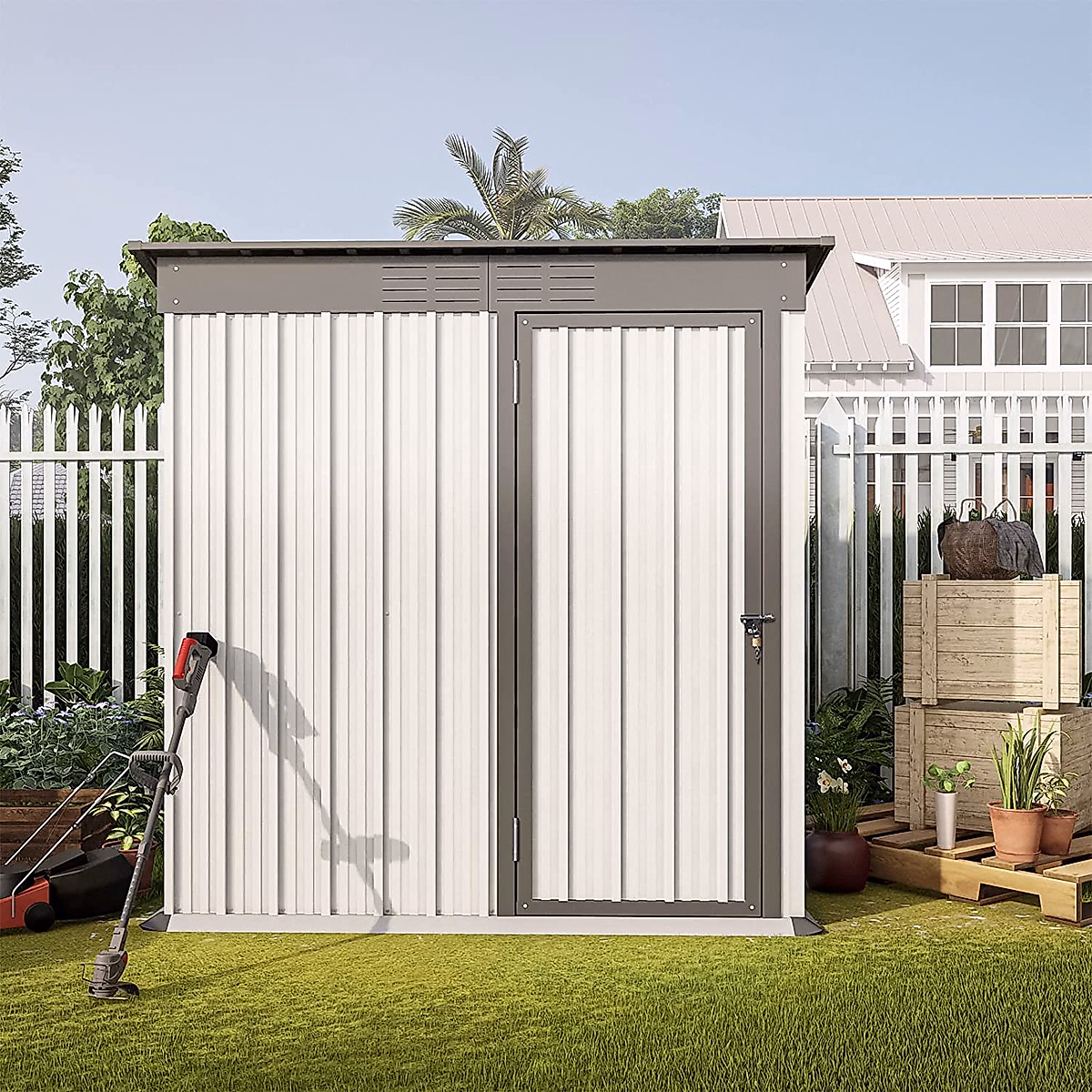 Rophefx 5' x 3' Outdoor Metal Storage Shed, Outside Waterproof Tool Shed, Steel Garden Shed with Single Lockable Door for Backyard, Patio, Lawn, White & Grey