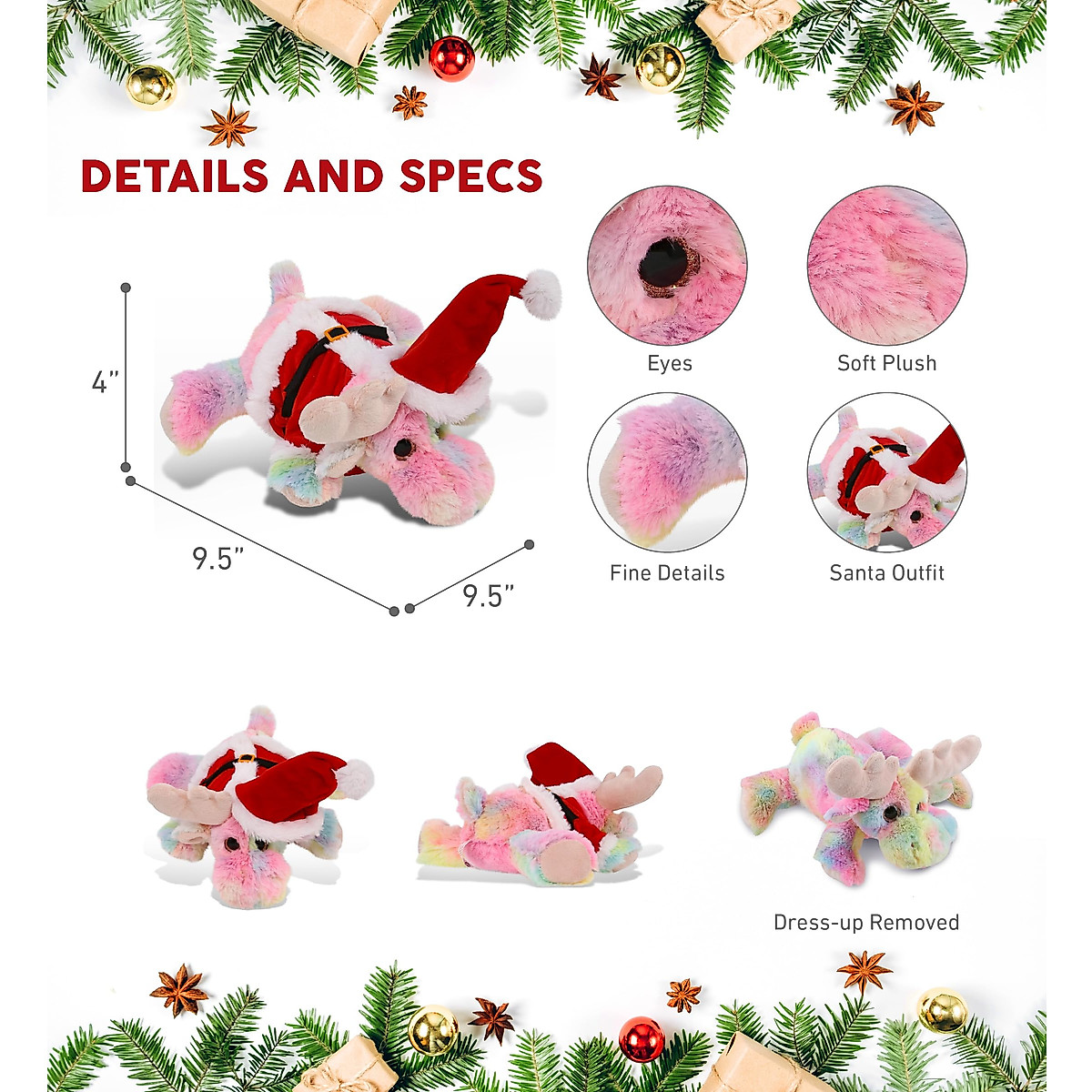 DolliBu Santa Rainbow Lying Moose Stuffed Animal Plush Toy - Super Soft Dress Up with Red Santa Claus Outfit, Cute Lying Moose Gift Perfect Holiday with Name Personalization - 9.5 Inch