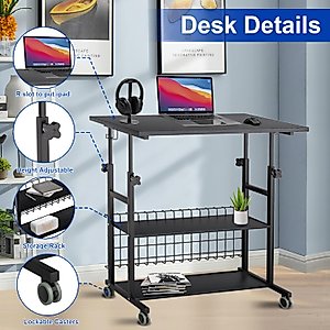 AIZ Rolling Laptop Cart with Storage for Small Spaces Portable Mobile Adjustable Computer Table on Wheels for Couch Bedrooms Black 39.4’’x19.7’’