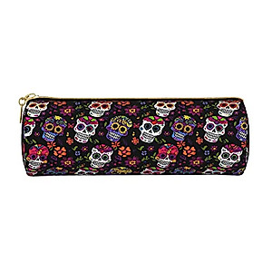 Aieefun Sugar Skull And Flowers Cylinder Pencil Case Holder Zipper Pen Bag Pouch Cosmetic Makeup Bag