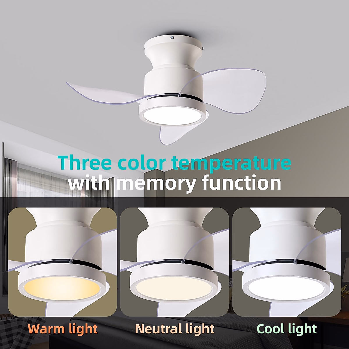 Roomratv Ceiling Fans with Lights 22 inch Quiet Ceiling Fan Large Airflow Remote Control 3 Color Temperature for Bedroom Kitchen Dining Room Patio（White）