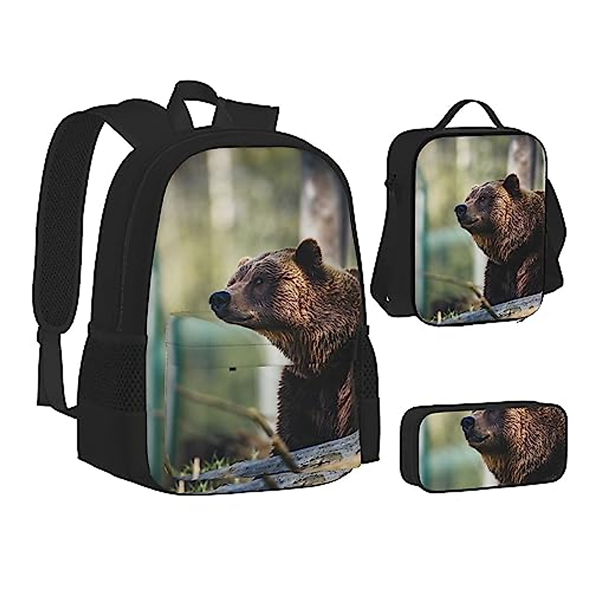 Grizzly Bear Print Backpack Large Capacity Travel Daypack With Lunch Bag And Pencil Case 3 In 1 For Women Men