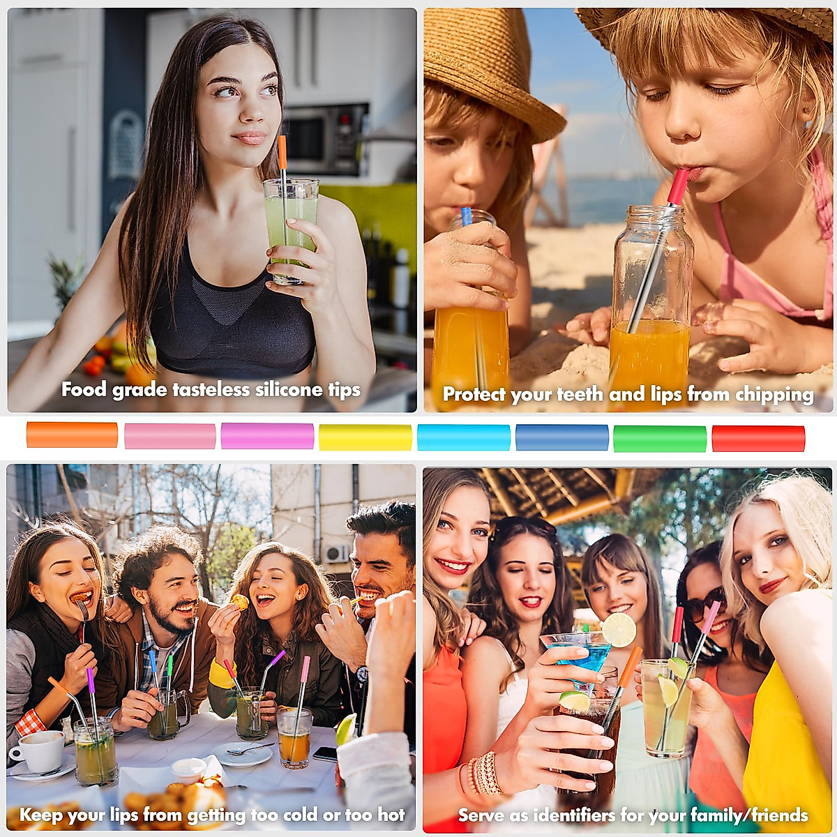 Stainless Steel Straw Replacement Fits for Stanley Adventure Travel Tumbler and Simple Modern 40 oz Tumblers - 8 Reusable Metal Straws with Silicone Tips and 4 Cleaning Brushes (Silver)