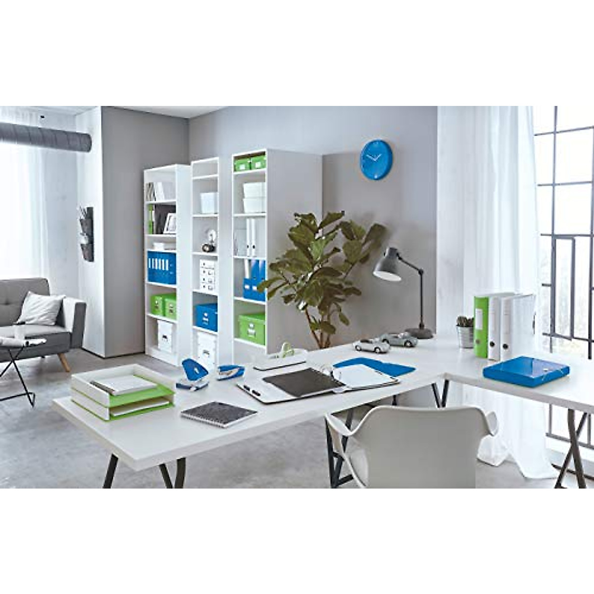 Leitz A5 MyBox Small with Lid, Storage Box for Home and Office, 5 L, High Gloss, Plastic, White/Blue Metallic;MyBox