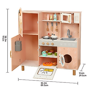 Bruvoalon Wooden Play Kitchen Toy Set for Kids, with Realistic Design, Sink with Faucet, Oven, Microwave, Utensils, Kitchenware Play Food Set Accessories, Birthday Gifts for Toddlers Boys Girls (Pink)