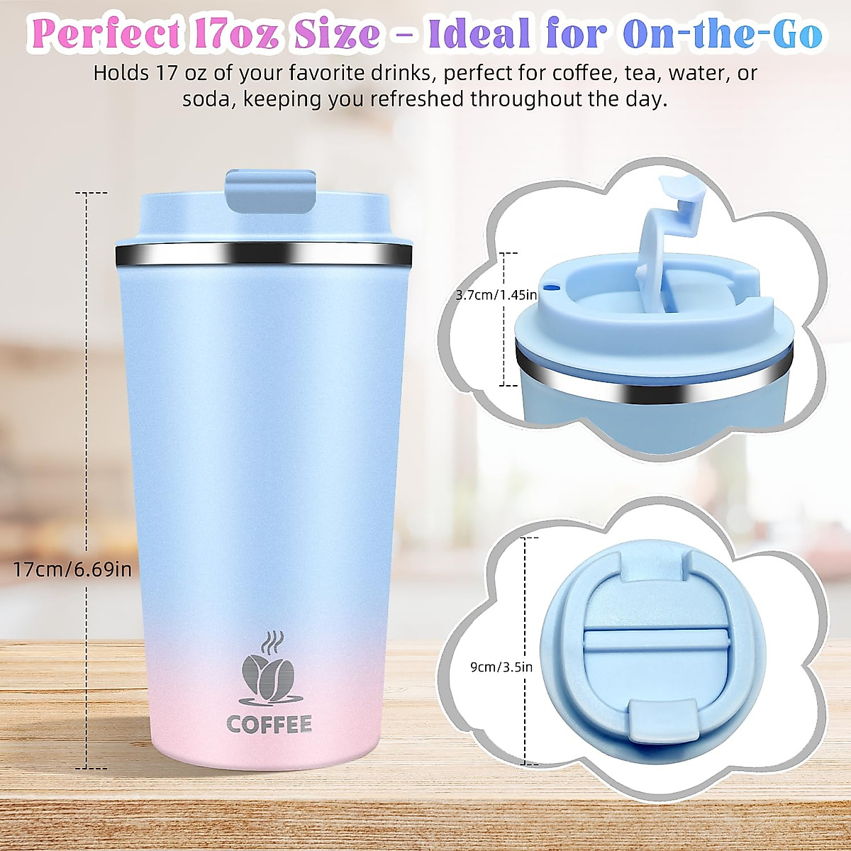 17oz Insulated Travel Coffee Mug with Flip Lid – Leakproof Stainless Steel Insulated Coffee Tumblers, Portable Thermos Cup for Hot & Cold Drinks, Perfect for Camping & On-the-Go