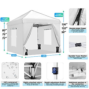 CAJECUS 10'x10' Pop Up Canopy Tent with 4 Sidewalls, Ez Pop Up Outdoor Canopy,Waterproof Commercial Tent with 3 Adjustable Height, Carry Bag,4 Sand Bags,4 Ropes and 8 Stakes(10FTx10FT,White)