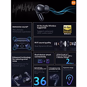 Xiaomi Redmi Buds 4 Pro Wireless Earbuds Noise Cancelling Earbuds, Bluetooth 5.3 Earphones, Up to 43dB Hybrid ANC, Up to 36 Hours Long Battery Life, 3-mic Noise Reduction for Calls, in-Ear Detection