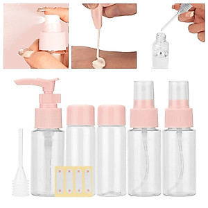 7 Piece Set 50ml Empty Plastic Travel Bottles Containers, Plastic Bottle Squeezed Transparent Sub Bottle Makeup Split Refillable Travel Size Bottles, Carry-On Set for Women/Men (Pink, One Size)