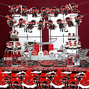Ninja Birthday Party Decoration - Include Pattern Banner, Tablecloth, Plates, Napkins, Tableware, Karate Party Ninja Warrior Master Party Supplies for Boys Girls Baby Shower, Serves 20