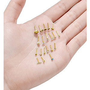 Tornito 20G 20Pcs Nose Ring CZ Nose Stud Retainer L Bone Screw Shaped Nose Piercing Jewelry Set for Women Men Stainless Steel Rose Gold Tone (D:20Pcs,Bone Shaped, Gold Tone)