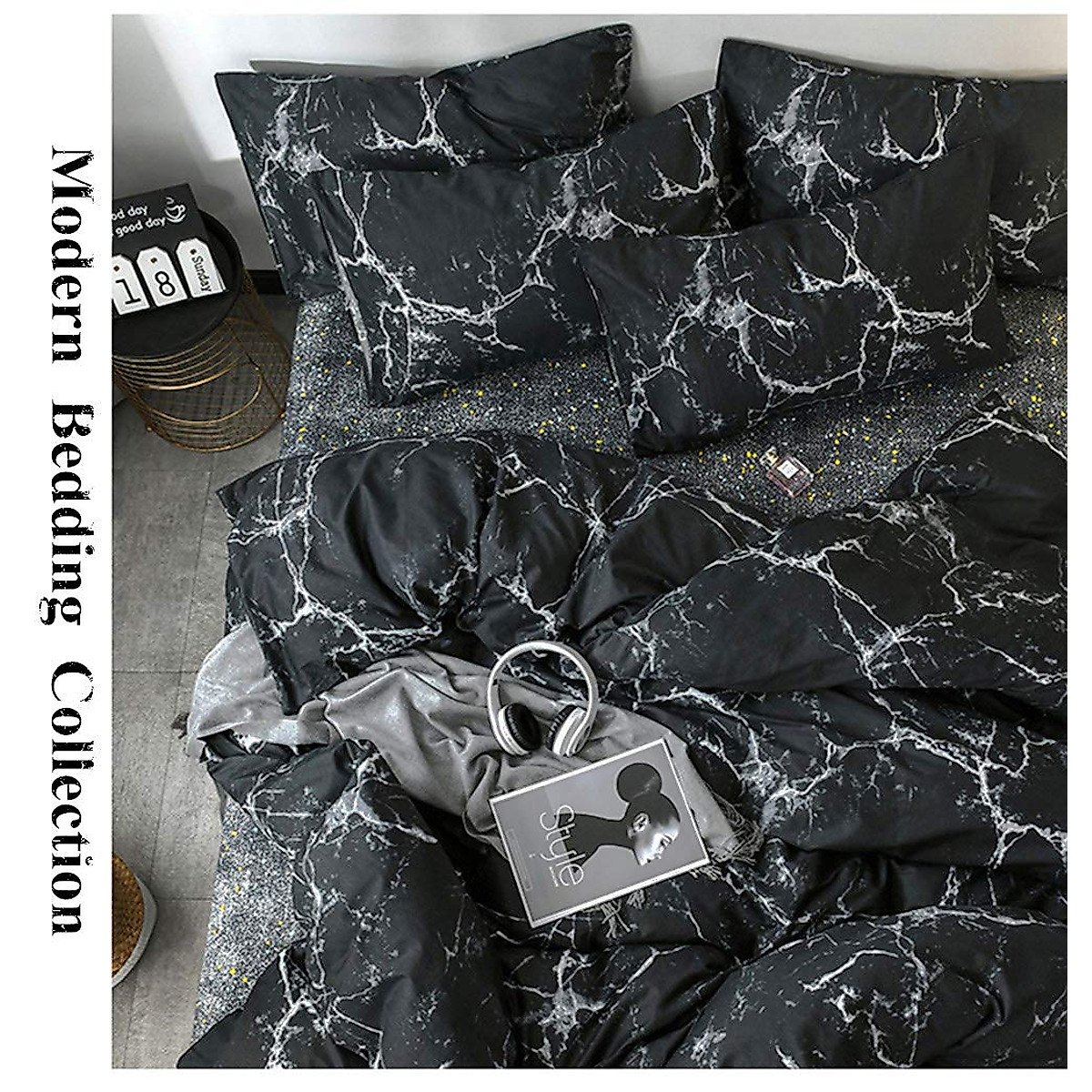 Houseri Black Marble Comforter Set Queen Size, All Season 3 Piece Black and Grey Artistic Bedding Sets Queen Lightweight Breathable Men Women Boys Girls Soft Comfy Bed Quilt Blanket Comforters Queen