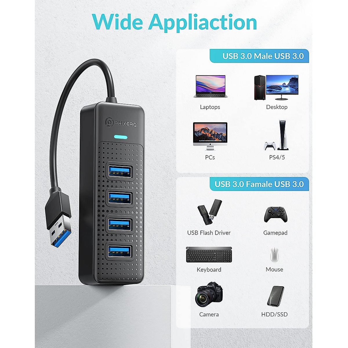 USB Hub, PHIXERO 4-Port 3.0 Hub Multi Port Expander, Fast Data Transfer Splitter for Laptop, Compatible with All Device