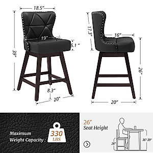 Cozyman Counter Height Bar Stools Set of 2, 26" H Swivel Bar Stool with Back, Faux Leather Counter Stool, Solid Wood Legs, Retro Upholstered Barstools for Kitchen Island, Home Bar, Pub, Black