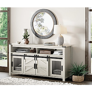 WAMPAT Farmhouse TV Stand for 65 Inch TV, Antique White Wood Entertainment Center with Sliding Barn Doors and Mesh Doors, Tall Media Console with Open Storage Space for Living Room, 59x15.4x31