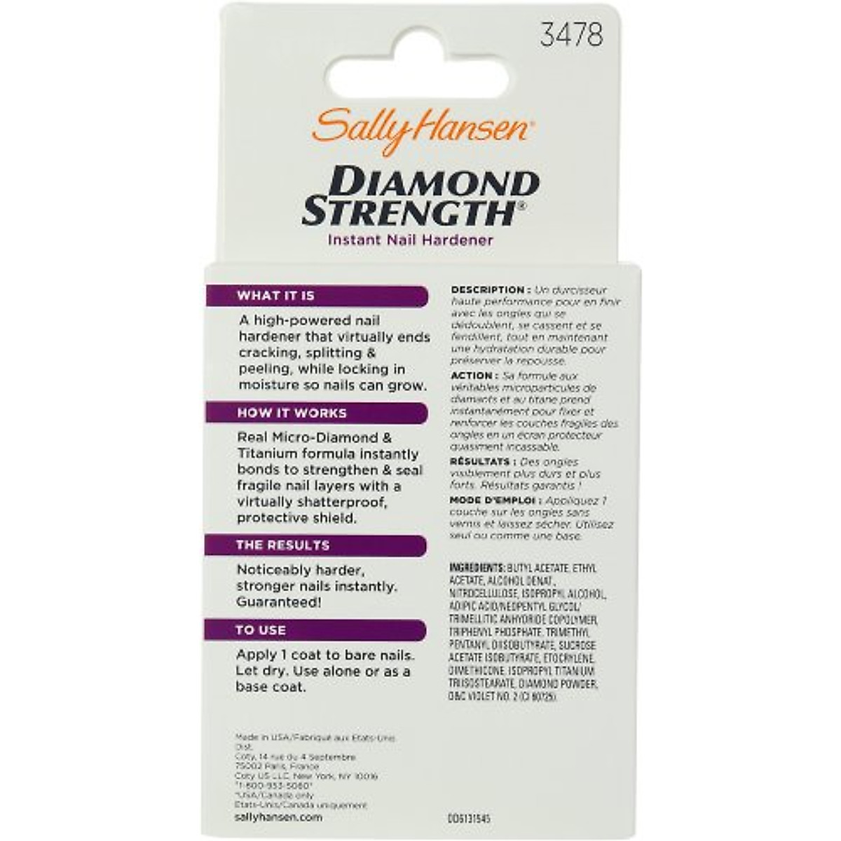 Sally Hansen Diamond Strength Nail Hardener 45095 Clear, 0.45 Fl Oz, Pack of 1