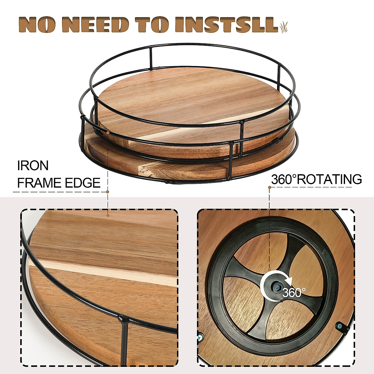 [ 2 Pack ] 9" & 10" Acacia Wood Lazy Susan Organizers with Steel Sides, Lazy Susan Turntable for Cabinet, Kitchen Turntable Storage for Table, Countertop, Pantry