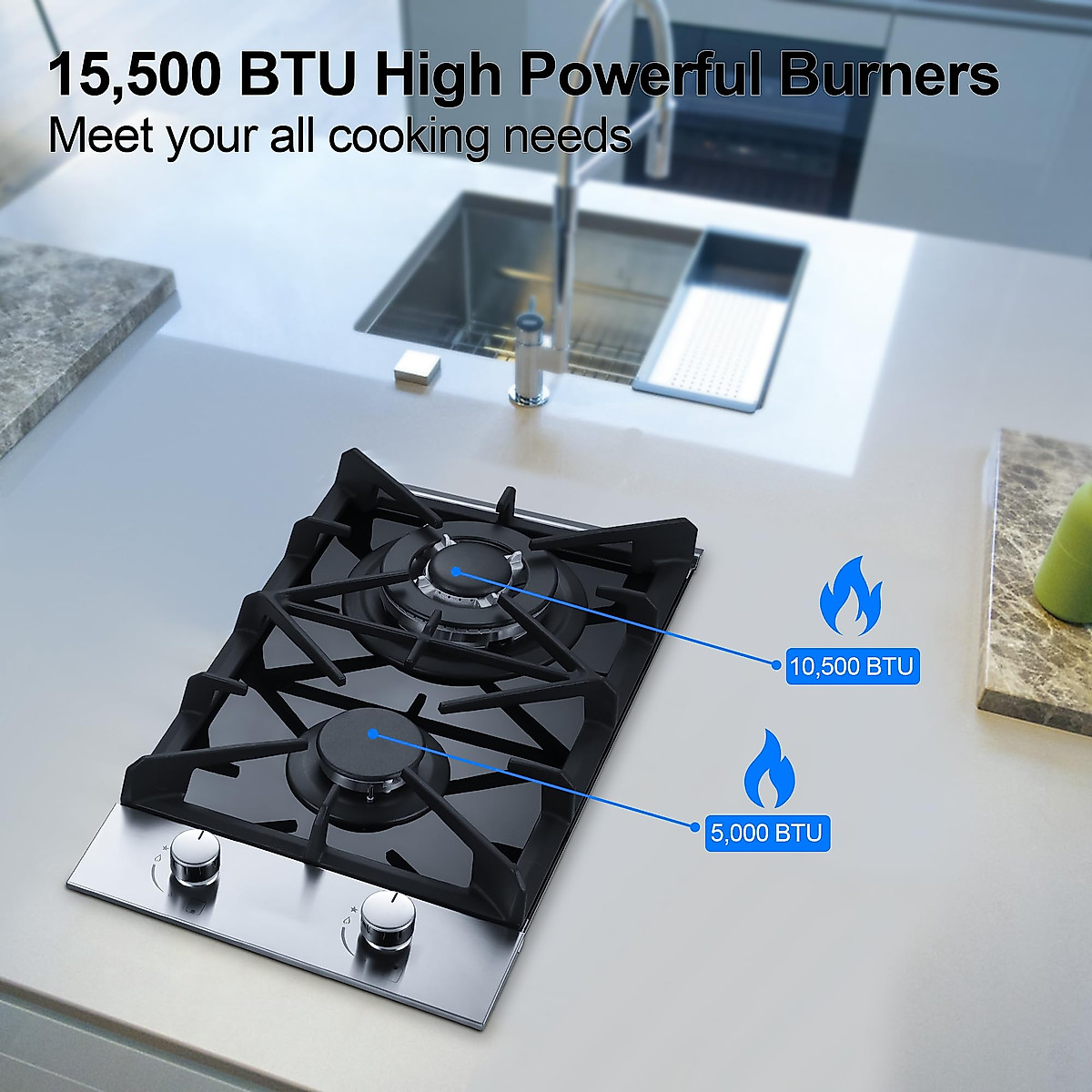 Eascookchef 2 Burner Propane Gas Cooktop, 12 inch LPG/NG Dual Fuel Built-in Gas Stove Top, Black Tempered Glass Gas Stove, Gas Hob for Apartment, Outdoor, RV, With Thermocouple Protection