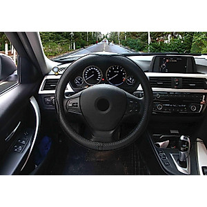 Valleycomfy Steering Wheel Covers Universal 15 inch - Genuine Leather, Breathable, Anti Slip & Odor Free (Black with Black Lines, M(14" 1/2-15" 1/4))