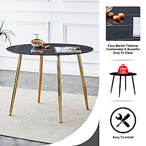OUYESSIR 40'' Round Dining Table, Imitation Marble Craft Glass Kitchen Table with Black Metal Legs, Small Modern Table for Dining Room, Kitchen, Living Room, Cafe, Office
