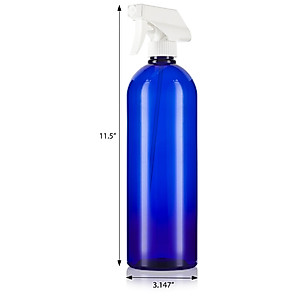 JUVITUS 32 oz Cobalt Blue Boston Round Plastic Bottles with White Heavy Duty Industrial Trigger Sprayer (4 Pack)