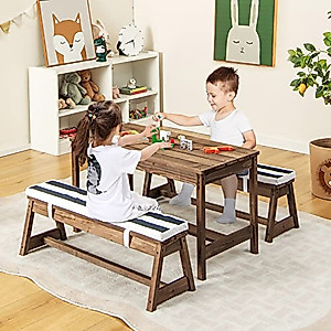 HONEY JOY Kids Picnic Table, Outdoor Wooden Table & Bench Set w/Removable Cushions and Umbrella, Stripe Fabric, Children Backyard Furniture for Patio Garden, Gift for Toddler Boys Girls Age 3+(Blue)