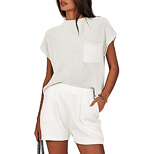 ANRABESS Women's Two Piece Summer Outfits Knit Sweater Short Sets Pullover Tops & Shorts Lounge Matching Clothes Set White X-Large