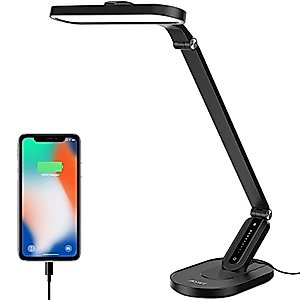 JKSWT LED Desk Lamp, Eye-Caring Table Lamps with 72 LED, 9 Brightness Levels, 5 Color Modes, USB Charging Port,Touch Control and Memory Function, 10W Reading Lamps for Home Office, Black