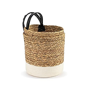 DEMDACO Natural Brown White Trim Braided 12 x 8.5 Cotton and Water Hyacinth Storage Baskets with Handles Set of 2
