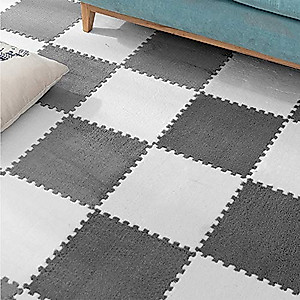 12PCS Plush Puzzle Foam Floor Mat for Kids- Thick Interlocking Fluffy Tiles with Border Square Rug Split Joint Soft Climbing Carpet Mats Shaggy Area Rug for Room Floor(11.8 Inch, White & Grey)