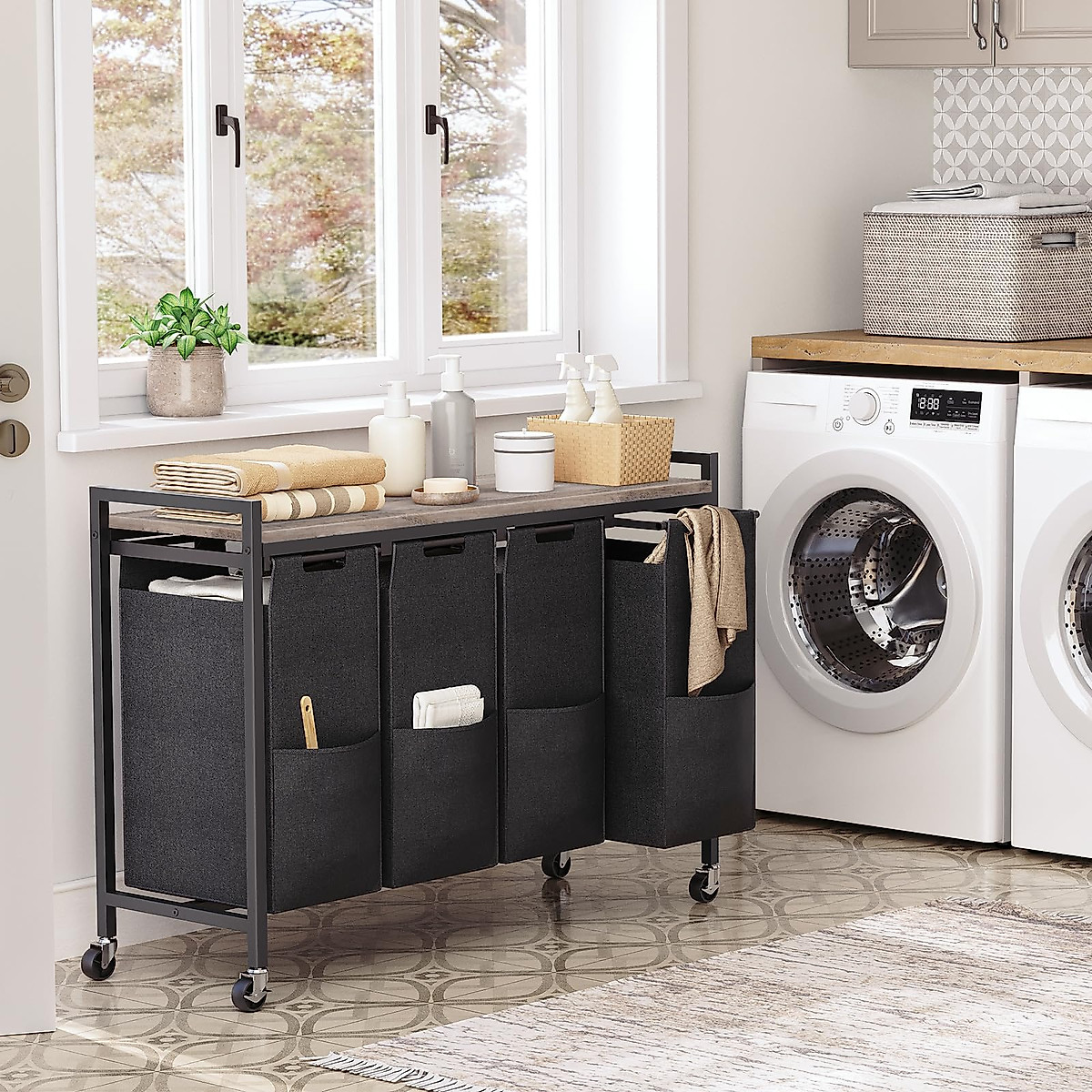 HOOBRO Laundry Sorter 4 Sections, Laundry Hamper with Wheels, 4 × 10.5 Gal (39.8L), Rolling Laundry Basket, Pull-Out and Removable Oxford Fabric Laundry Bags, Greige and Black BG04XY01