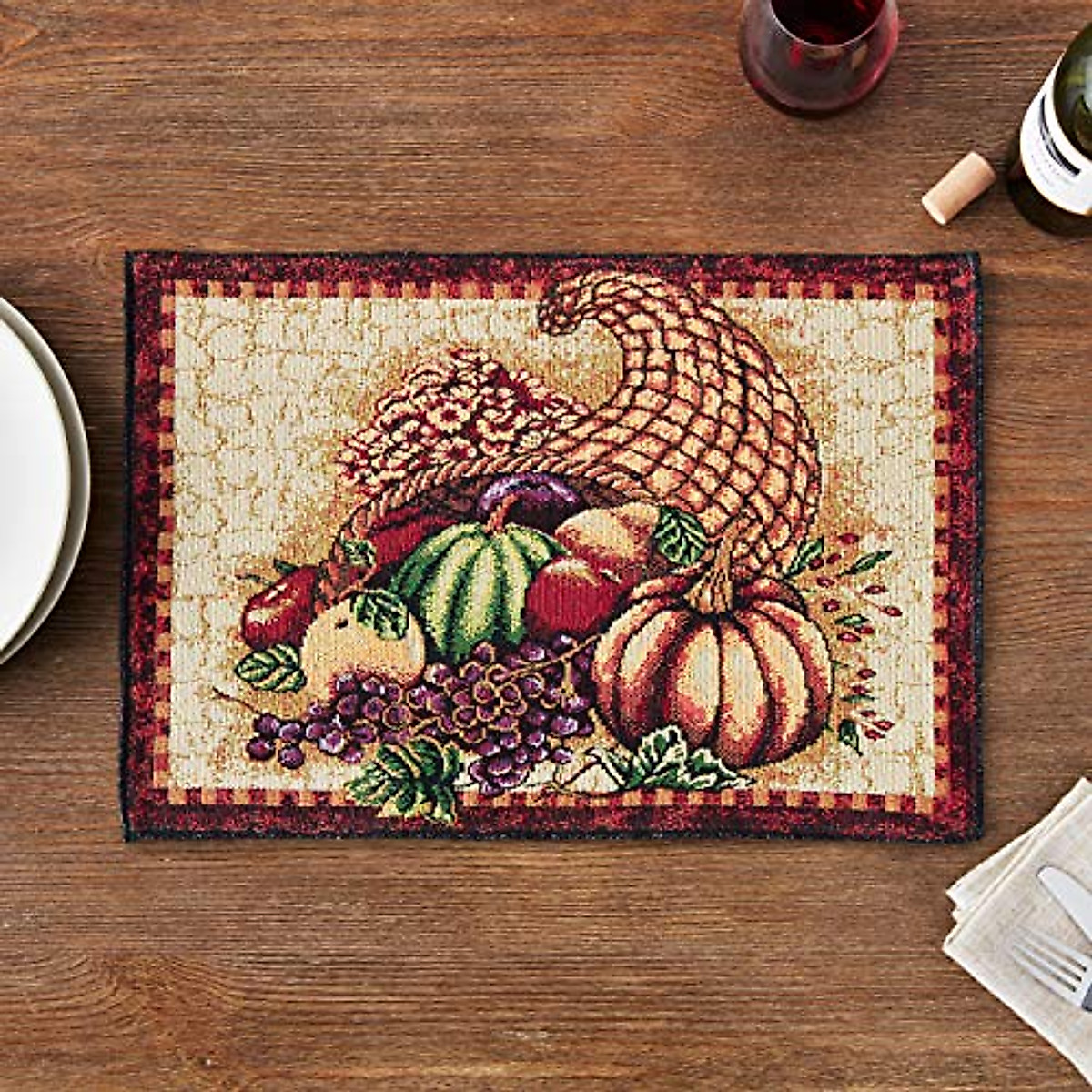 Violet Linen Fall Harvest Thanksgiving Autumn Leaves Sunflowers Fruits Pumpkins Tapestry Pattern, Polyester Cotton Woven Tapestry, Cornucopia, 13 X 19, Rectangler Set of 4, Decorative Place Mats