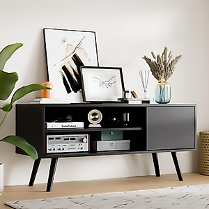 Cozy Castle TV Stand for 48 Inch TV, Mid Century Modern Entertainment Center with Storage Cabinet, TV Media Console for Living Room, Bedroom, Black