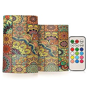 JULYTO Flameless Candles with Remote and Timer Boho Tile Abstract Patchwork Battery Operated Candles Set of 2 Beautiful Flower Flickering Pillar Led Fake Candles for Halloween Christmas Wedding Decor