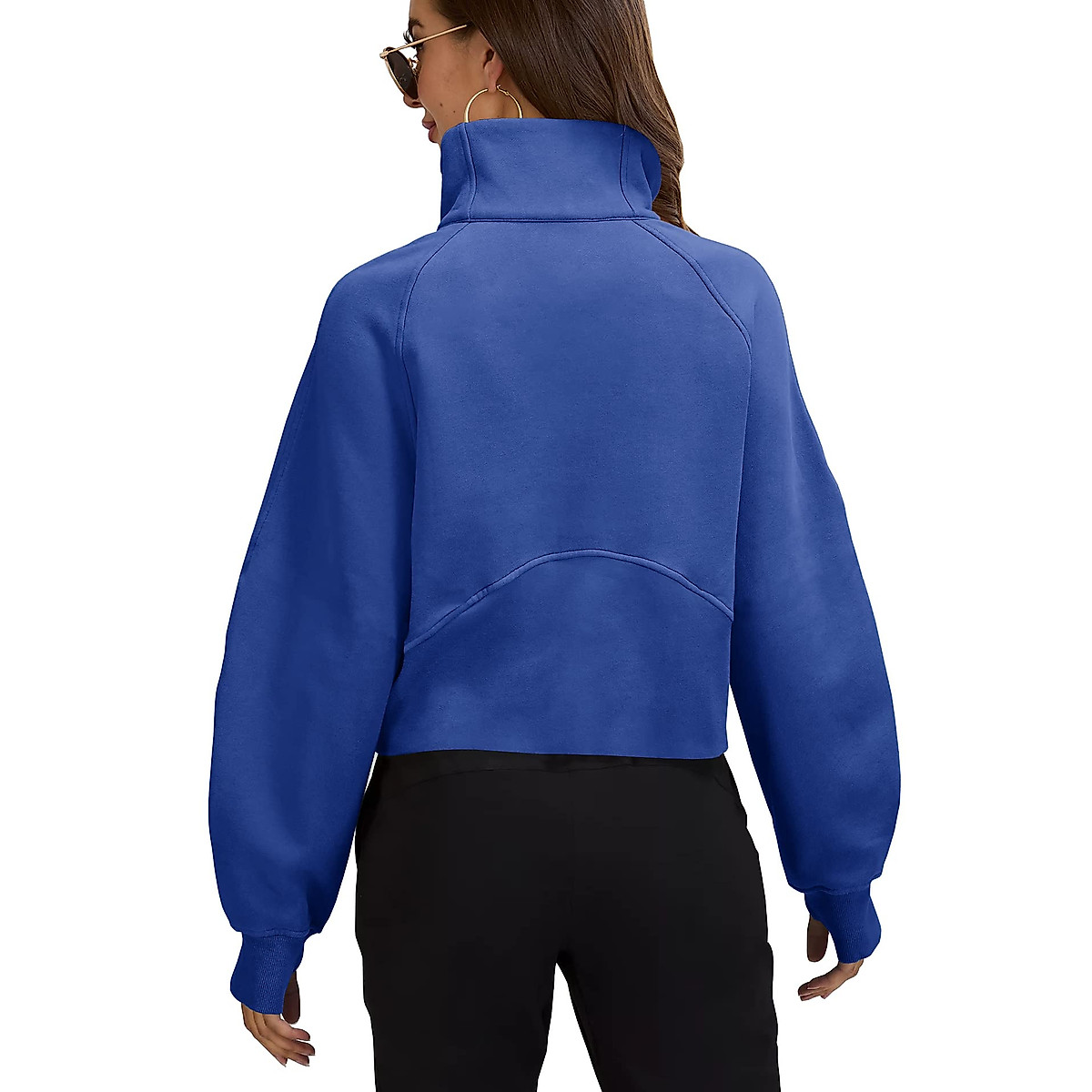 Womens Sweatshirts Half Zipper Crop Pullover Funnel Neck Fleece Lined Zip Up Long Sleeve Tops Thumb Hole Blue