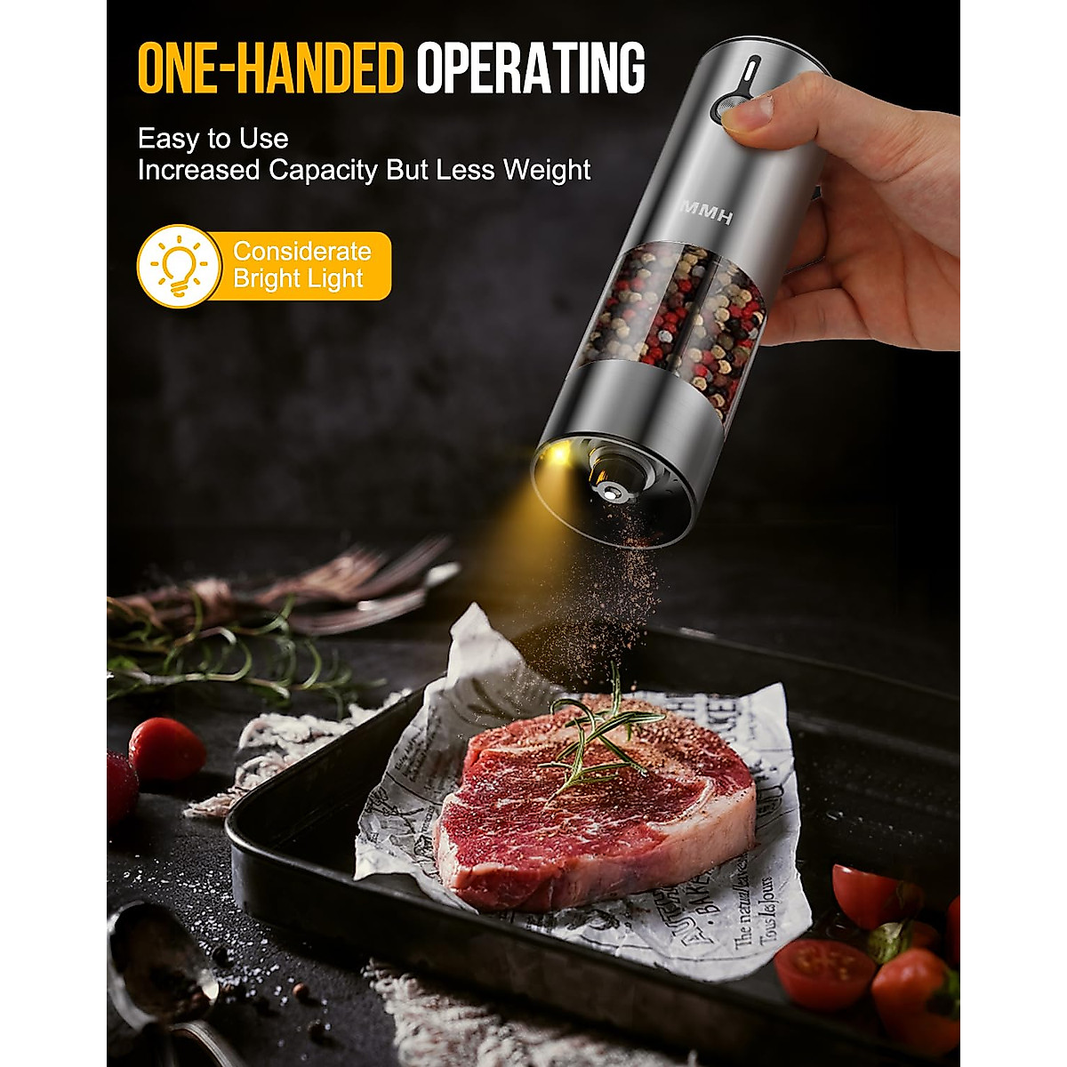 [Upgraded 66g Large Capacity] Electric Salt and Pepper Grinder Set USB Rechargeable with 6-Level Adjustable Coarseness Stainless Steel Automatic Salt n Pepper Mills Shakers Refillable with LED light