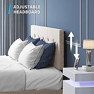 Mjkone Platform Bed Frame with 4 Storage Drawers, Upholstered California King Size Bed Frame with Square Button Tufted Adjustable Headboard, Wood Slat Support/No Box Spring Needed/No Mattress, Beige