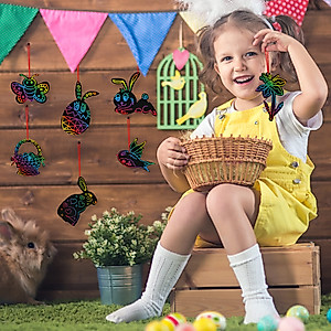 Easter Scratch Art for Kids Bulk, Set of 48 Scratch Art Ornaments, Wooden Stick, & Ribbon, Easter Craft Kit, Unique Teen Easter Basket Stuffers, Cool Fun Easter Gifts for Teens, Easter Craft Kit