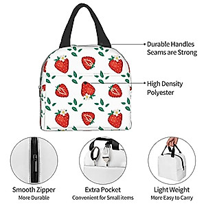 Ucsaxue Cute Strawberry Leaves and Flowers Lunch Bag Small Insulated Lunch Box with Front Pocket Aesthetic Lunch Bags for Girls Boys Freezable Bento Box Women Men Lunch Boxes