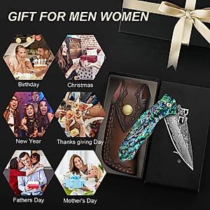 Benkey VG10 Damascus Abalone Seashells Pocket Knife and VG10 Damascus Natural Wood Pocket Knife Bundles