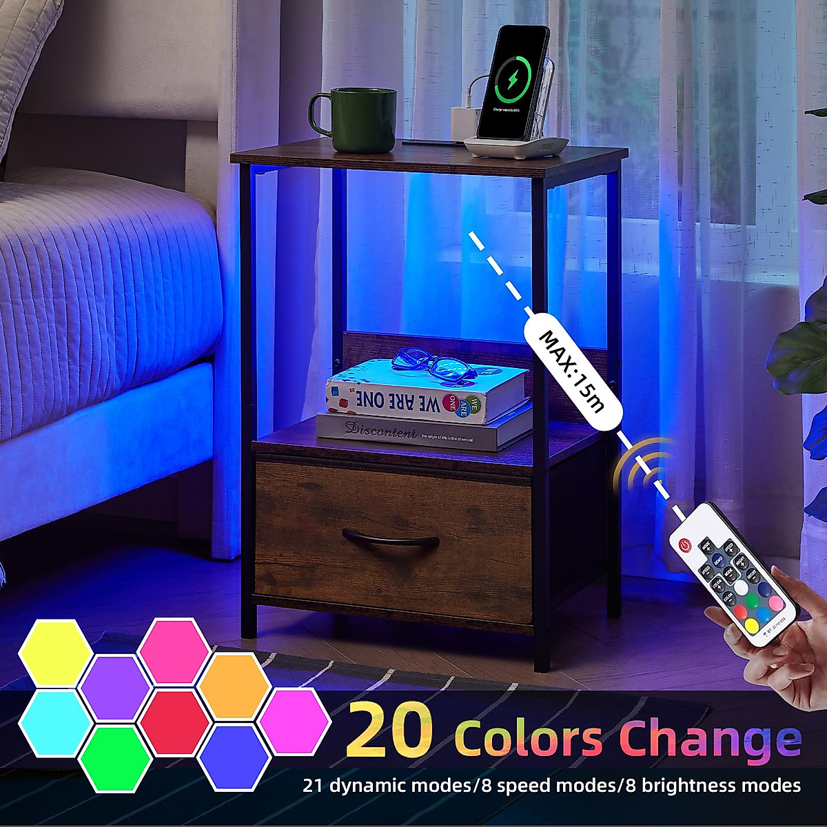 Somdot Night Stand with Charging Station and LED Light for Bedroom, Bedside Table End Table for Dorm Bedside Laundry Closet Entryway Hallway, Wood Grain Print