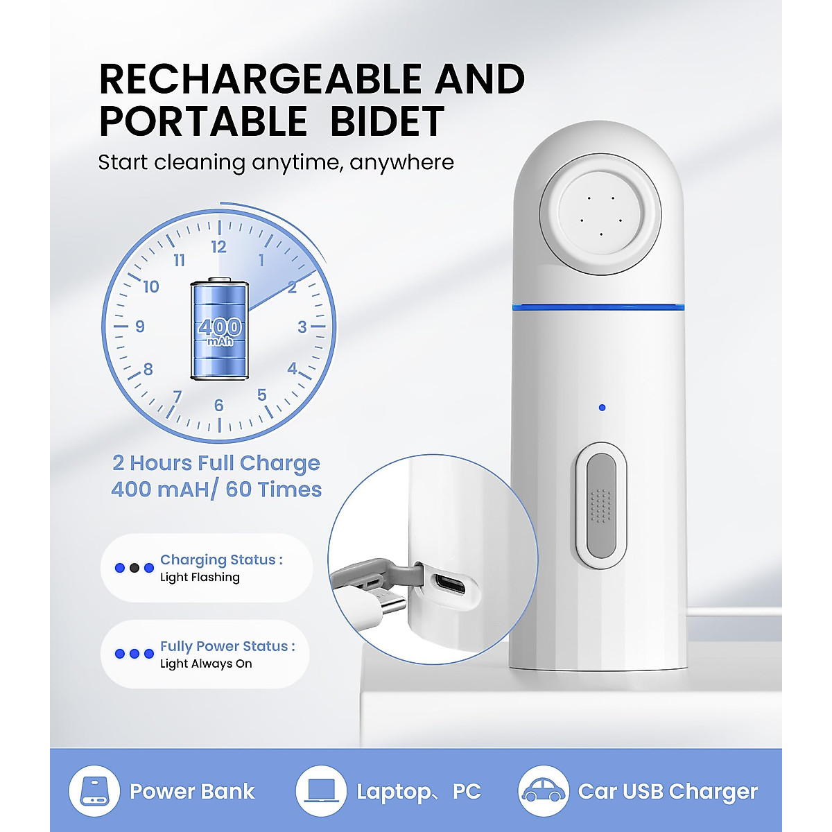 Portable Bidet for Travel, Rechargeable Electric Handheld Bidet Sprayer for Personal Hygiene and Postpartum Cleaning, 2 Modes | 350 ml