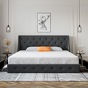 SHA CERLIN King Size Platform Bed Frame with 4 Storage Drawers and Wingback Headboard, Diamond Stitched Button Tufted Design, No Box Spring Needed, Dark Grey