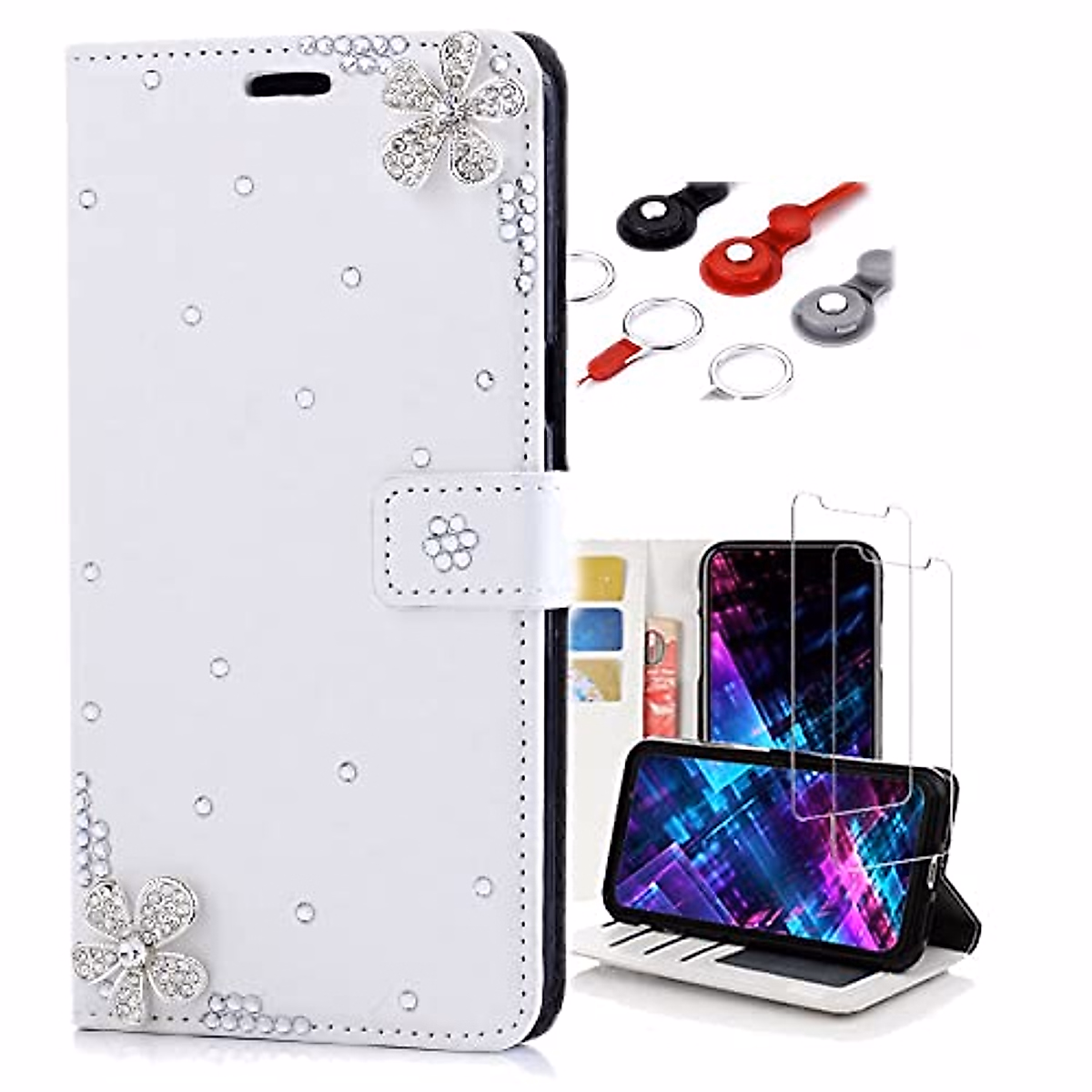 Fairy Art Crystal Wallet Case Compatible with Samsung Galaxy Z Fold 5 - Little Flowers - White - 3D Handmade Sparkly Glitter Bling Leather Cover with Screen Protector & Neck Strip Lanyard